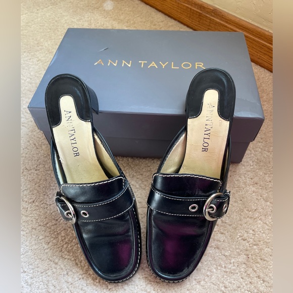 Ann Taylor | Shoes | Vintage Ann Taylor Black Leather Mules With Buckle ...